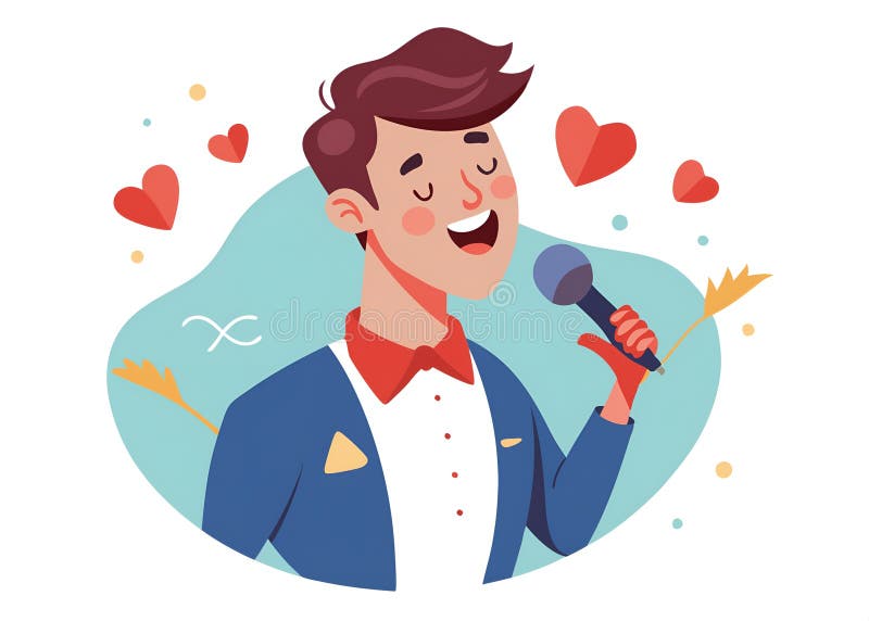 A Man Singing with a Microphone and a Heart on His Shirt Stock ...
