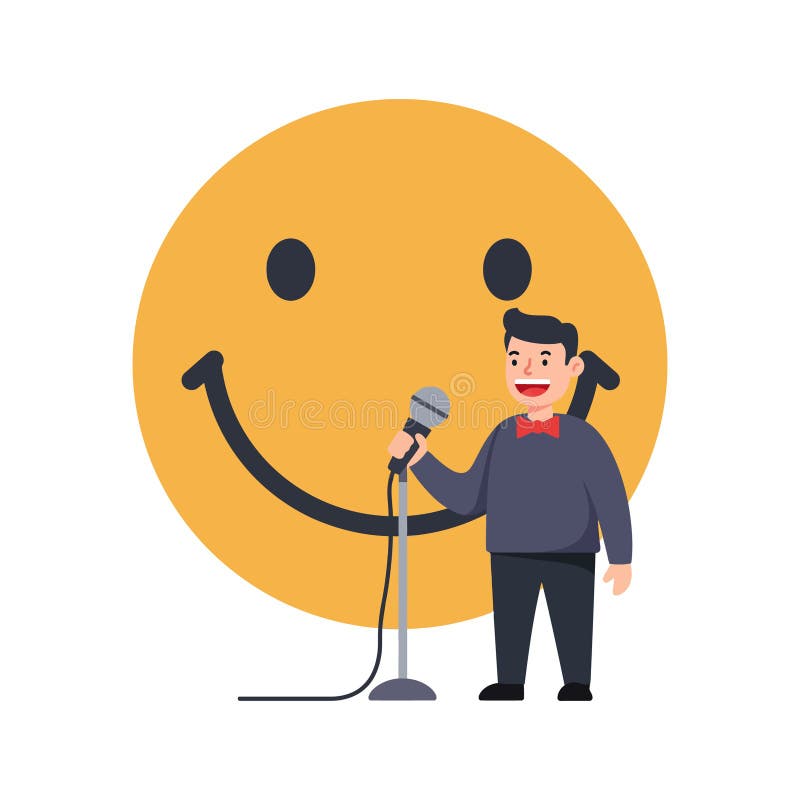Man Singing with Microphone and Large Yellow Smiley Face Background ...