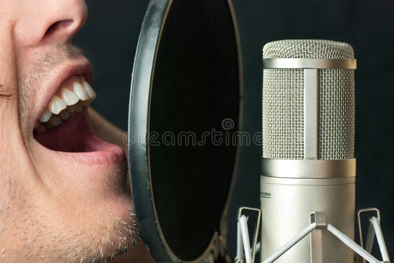 Man Sings into Condenser Microphone, Close Stock Image - Image of happy ...
