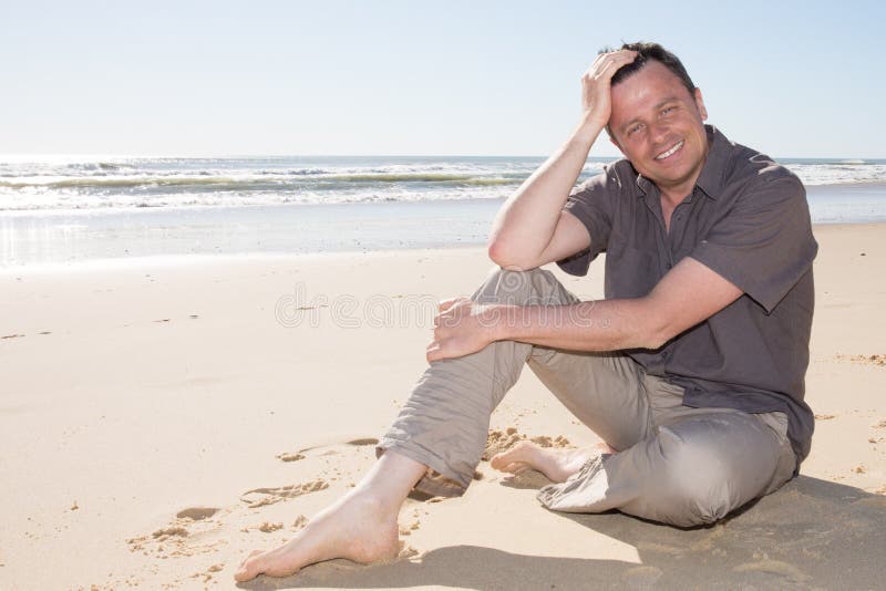 Man Sit on the Sand Beach Summer Enjoy Vacation Stock Photo - Image of ...