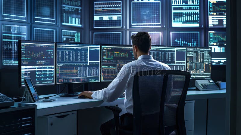 Man Sits Alone in Control Room Surrounded by Multiple Computer Screens Displaying Complex Data ...