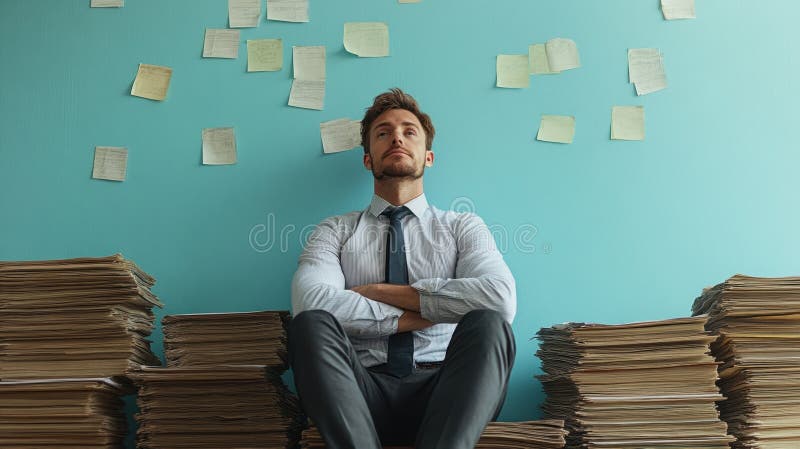 A Man Sits Amidst Stacks of Paperwork Contemplating Tasks in a Bright ...