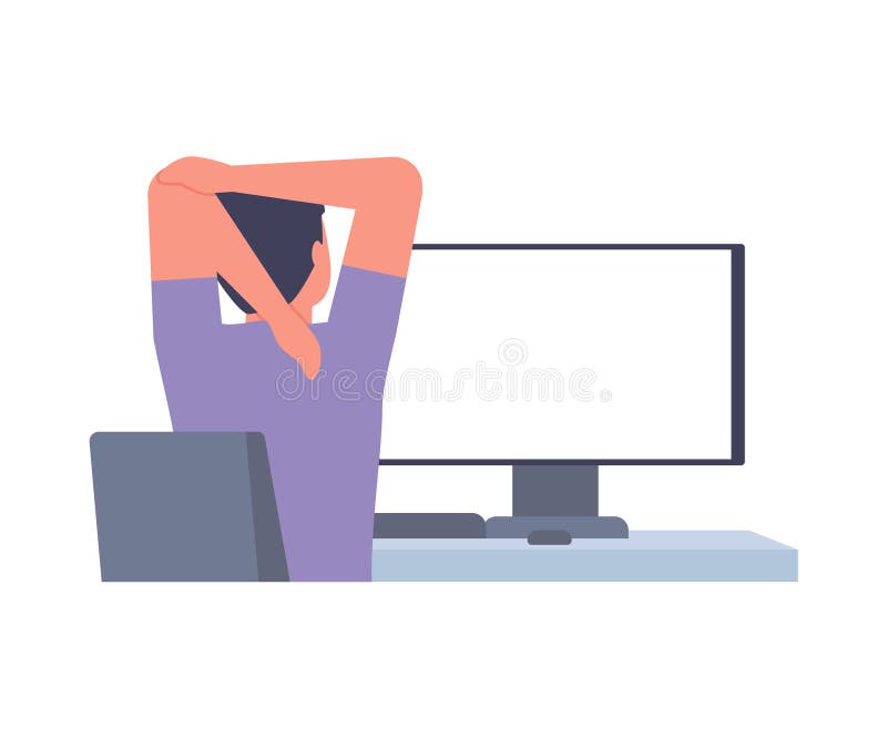 Man Sits Back At Table Computer And Stretching Doing Exercises Male Practicing Workout At