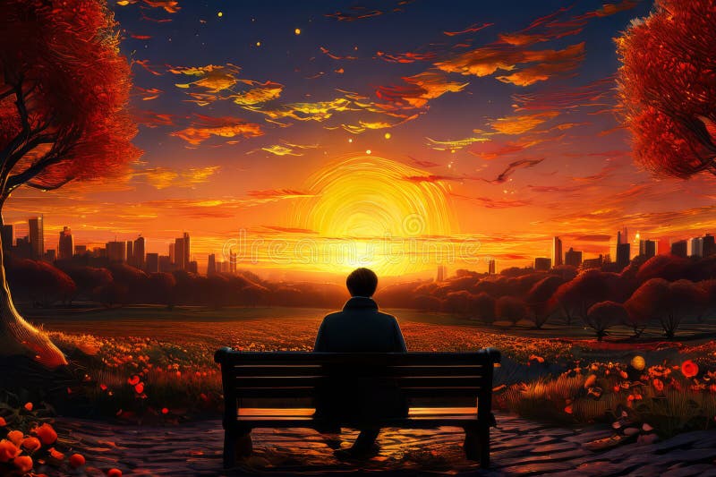 A Man Sits on a Bench in a Park, Looking Out at the Sunset Stock Image ...