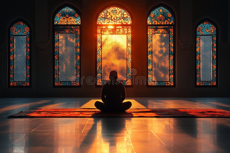 A Man Sits on a Carpet in a Mosque in Front of Stained Glass Windows ...