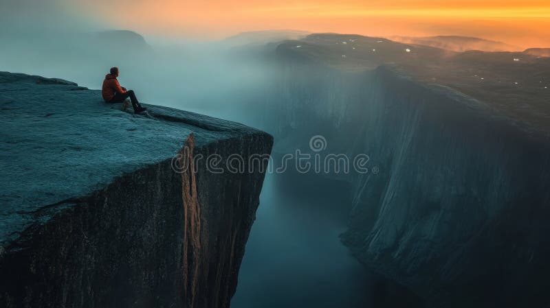 A Man Sits on a Cliff Overlooking a River Stock Illustration ...