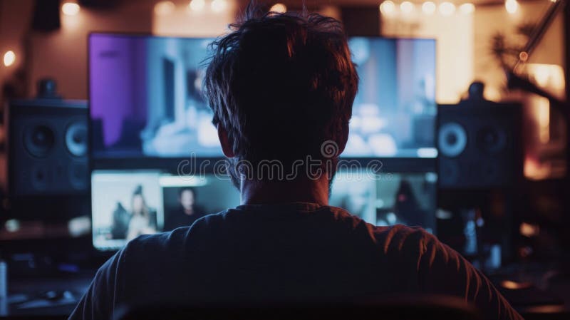 Man Sits before Computer Screen during a Video Call at Dark Home Office ...