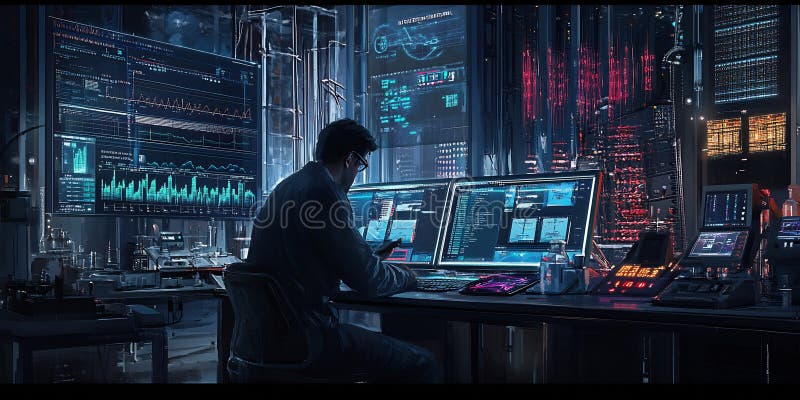 Man Working at Computer Station with Multiple Monitors and Data Displays Around Stock ...