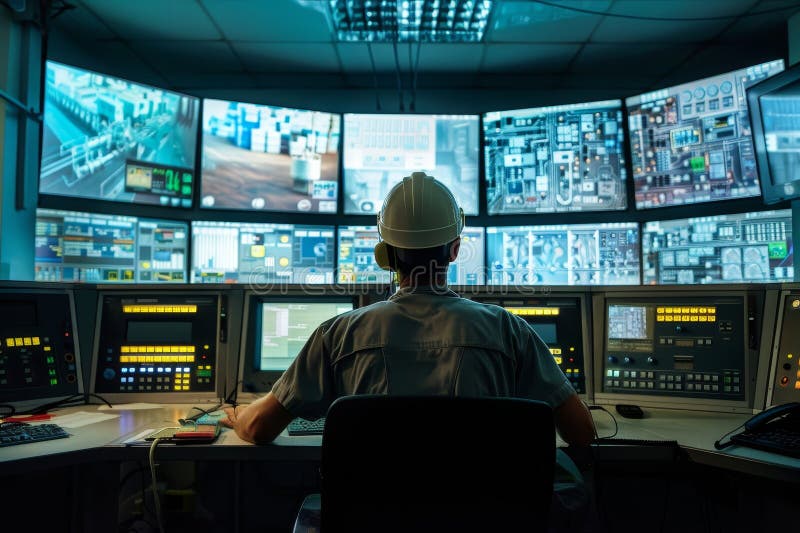 A Man Sits in a Control Room Surrounded by Multiple Monitors, Actively ...