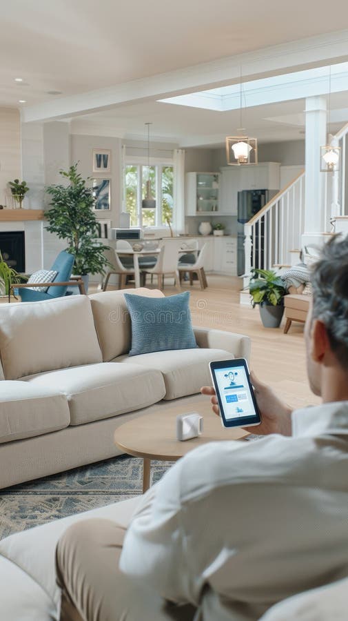 A Man Sits on a Couch in a Modern Living Room, Using a Tablet in His ...