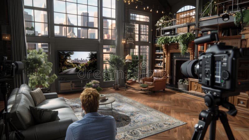 A Man Sits on a Couch in a Modern Loft Apartment, Facing a Large Screen ...