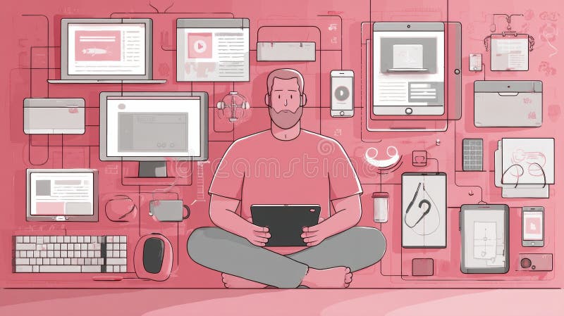 Man Surrounded by Technology Stock Illustration - Illustration of ...