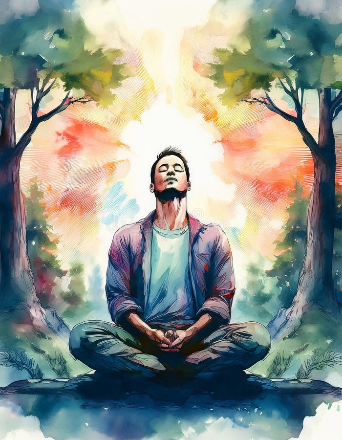 A Man Sits Cross-legged in a Meditative Pose, Surrounded by Trees, with ...