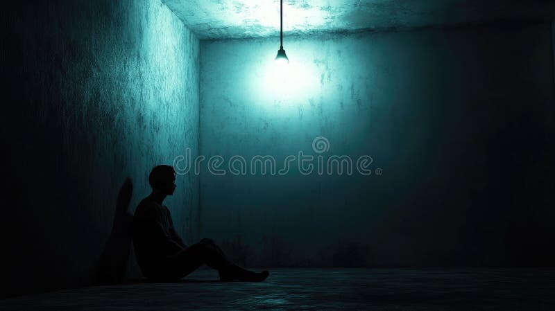 A Man Sits in a Dark Room with a Light Shining on Him, Somber and ...