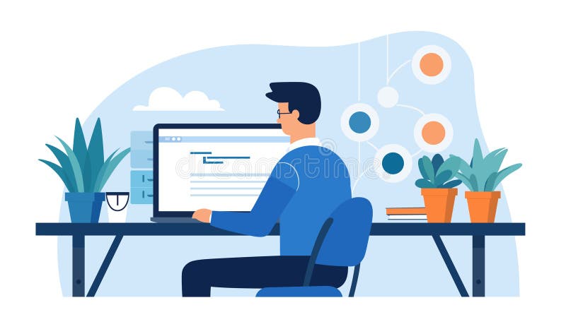 Engineer Working on Computer Desk Flat Vector Illustration Stock Vector ...