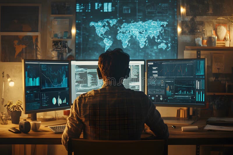 A Man Working at a Desk with Multiple Monitors and a World Map Displayed on One Screen Stock ...