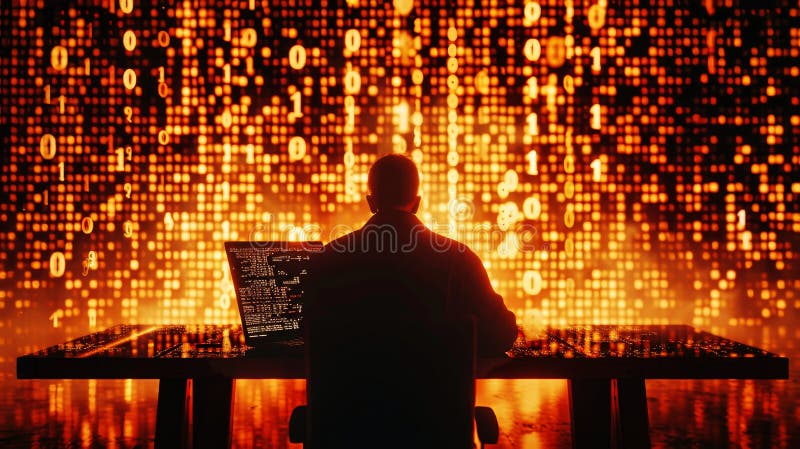 A Man Sits at a Desk in Front of a Wall of Vibrant Lights, Intensely ...