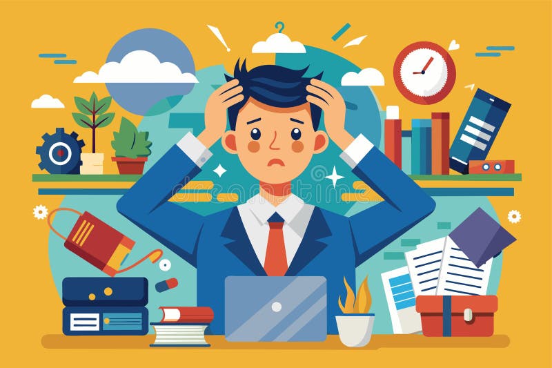 A Man Sits at a Desk with His Hands on His Head, Looking Overwhelmed ...