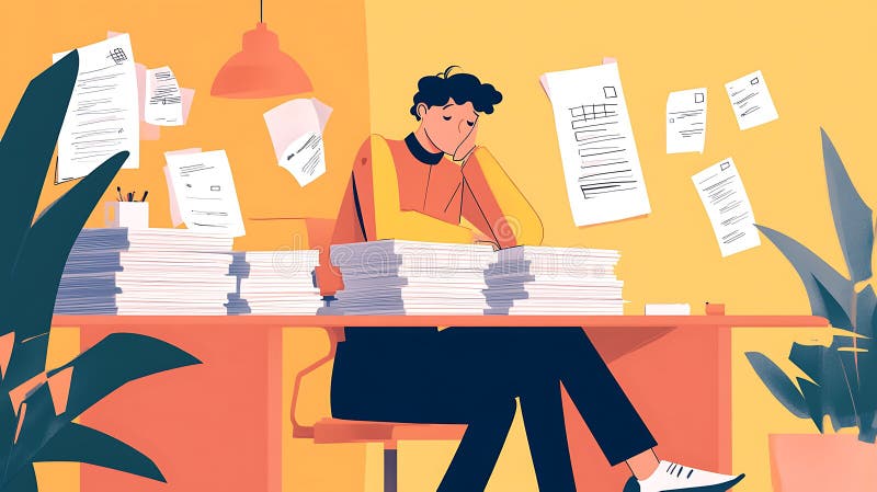 A Man Sits at a Desk with a Pile of Papers in Front of Him Stock ...