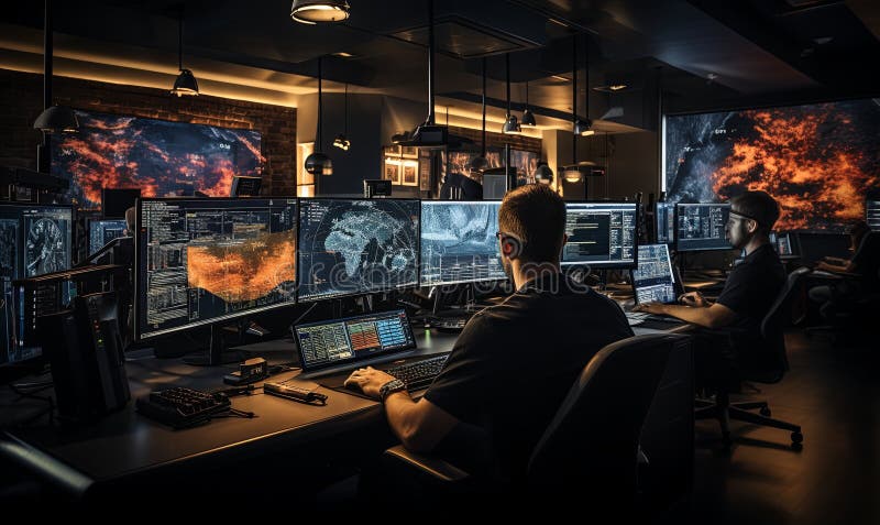 Man Sitting at Desk with Multiple Monitors Stock Illustration ... Man Sitting at Desk with Multiple Monitors Stock Illustration ...
