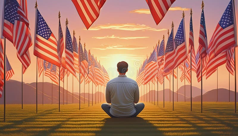 A Man Sits in a Field of American Flags Stock Illustration ...