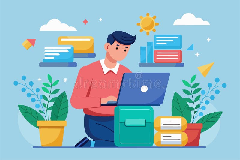 A Man Sits on the Floor, Using a Laptop To Save Files while Surrounded ...