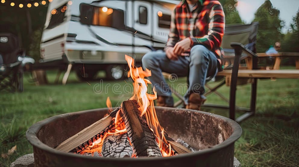 A Man Sits in Front of a Fire in a Fire Pit Stock Illustration ...