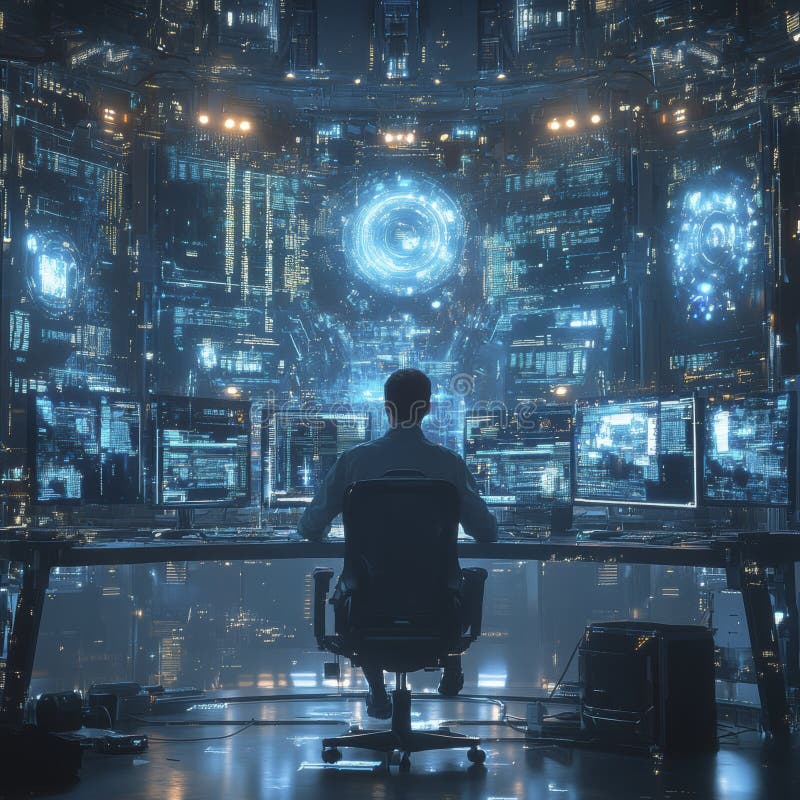 A Man Sits in Front of Many Computer Monitors. Ideal for Technology and ...