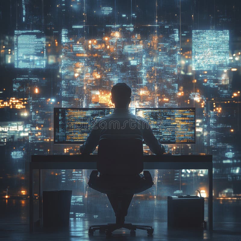 A Man Sits in Front of Many Computer Monitors. Ideal for Technology and ...
