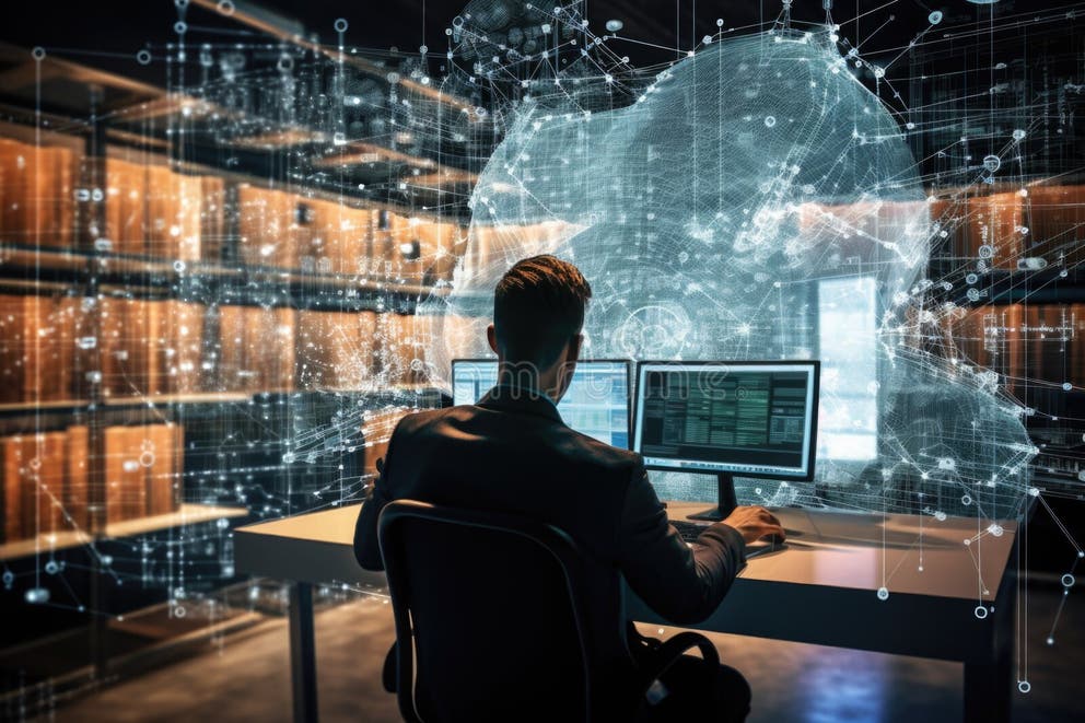 Man Sits in Front of Monitor Computer, Behind. High-tech Inventions ...