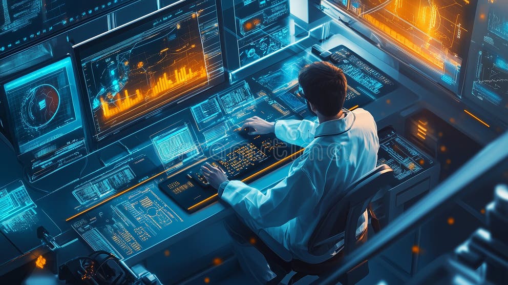 A Man Sits in Front of Multiple Computer Monitors, Each Displaying Different Data Stock ...