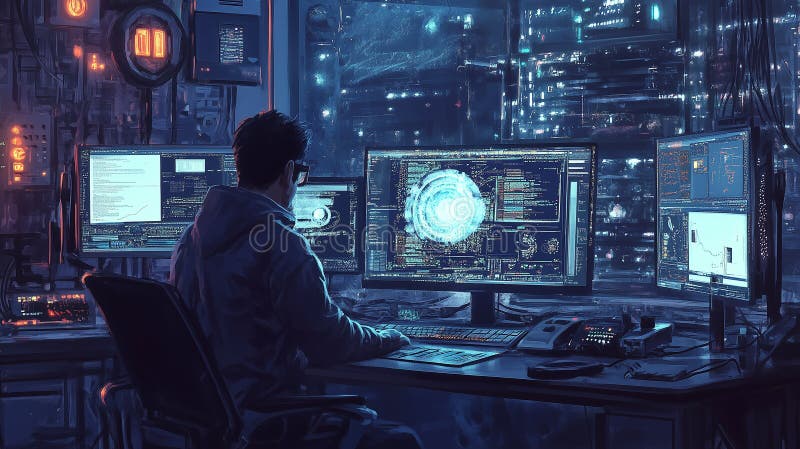 A Man Sits In Front Of Multiple Computer Monitors Each Displaying