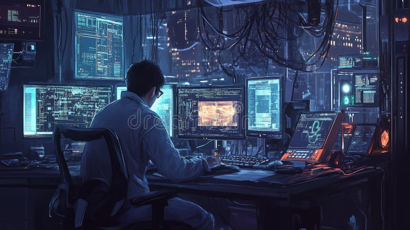 A Man Sits in Front of Multiple Computer Monitors, Each Displaying Different Data Stock ...