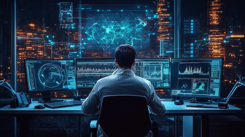 A Man Sits in Front of Multiple Computer Monitors, Each Displaying Different Data Stock ...
