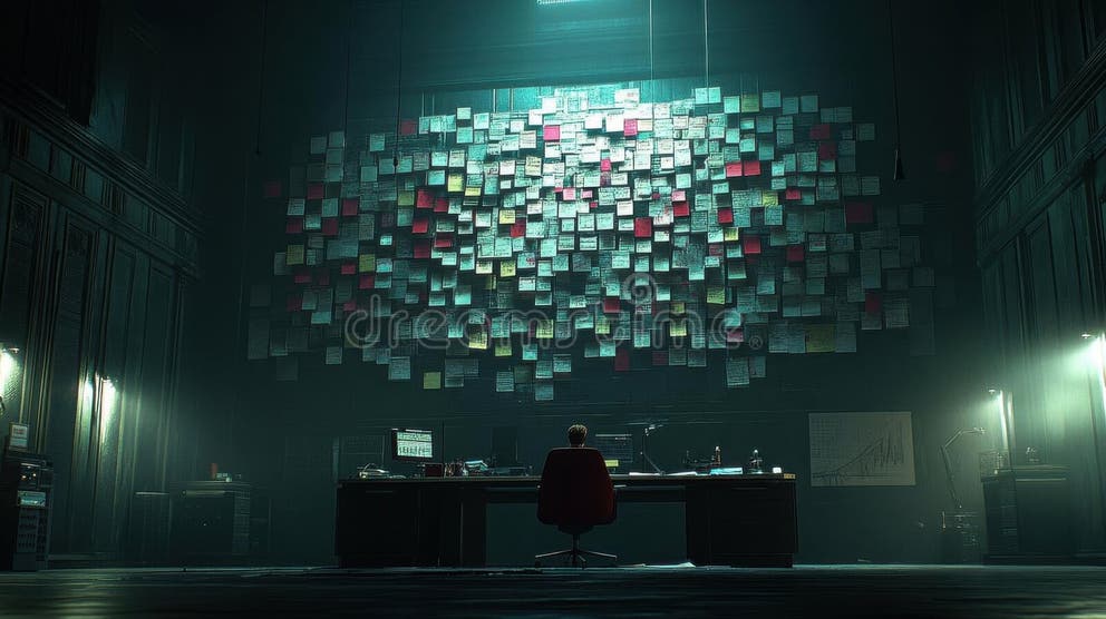 Man Sits in Front of Post-it Note Wall, in Dark Room and Intense ...