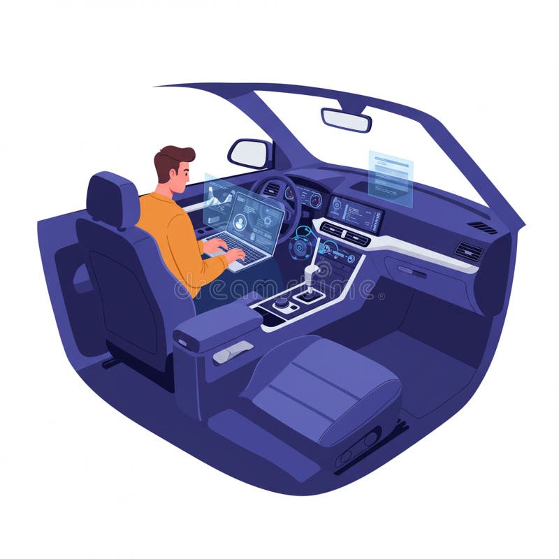 A Man Sits in a Futuristic Car Interior, Interacting with Multiple ...