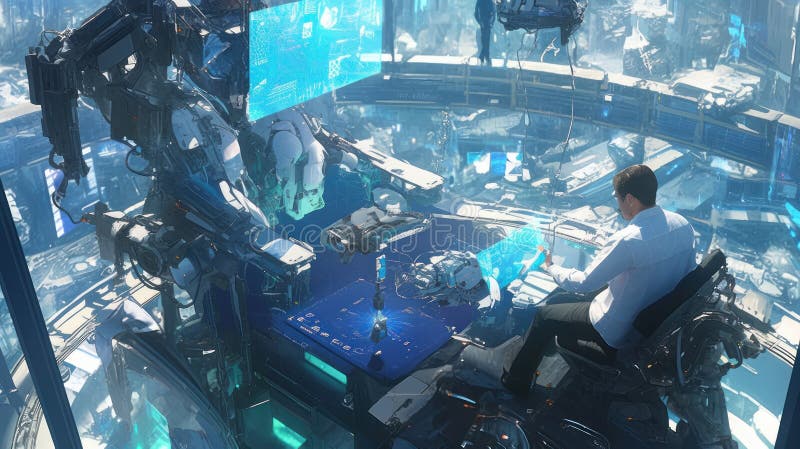 A Man Sits at a Futuristic Workstation Surrounded by Advanced ...