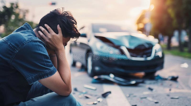 A Man Sits on the Ground Next To a Car that Has Been in an Accident ...