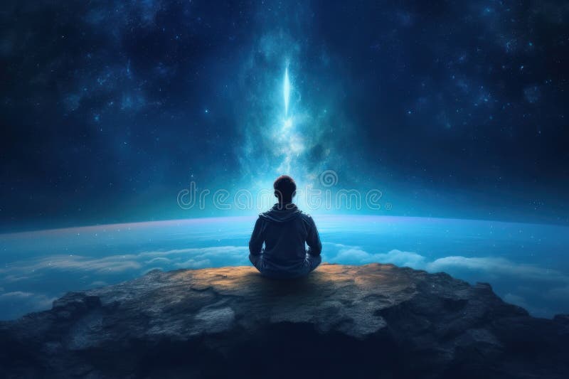 A Man Sits with His Back in a Pose of Meditation in the Mountains ...