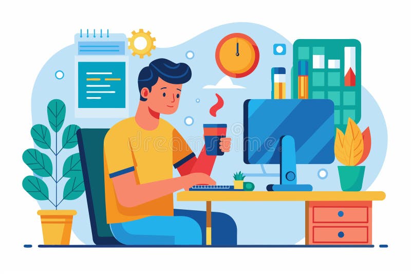 A Man Sits at His Desk, Checking Temperature on His Computer while ...