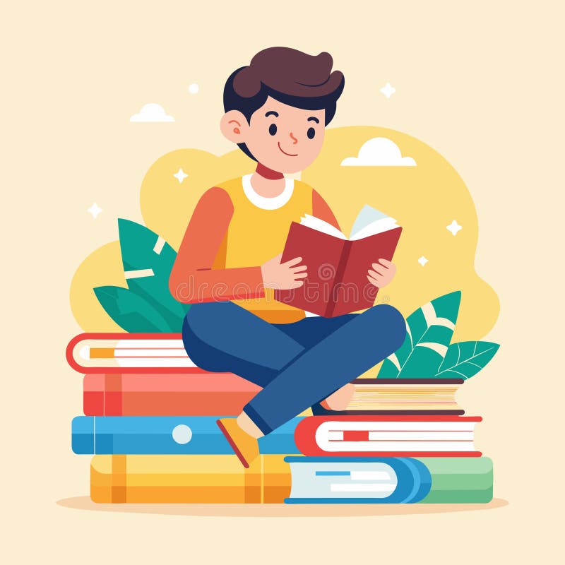 A Man Sits on a Large Pile of Books, Absorbed in Reading, Tiny Student ...