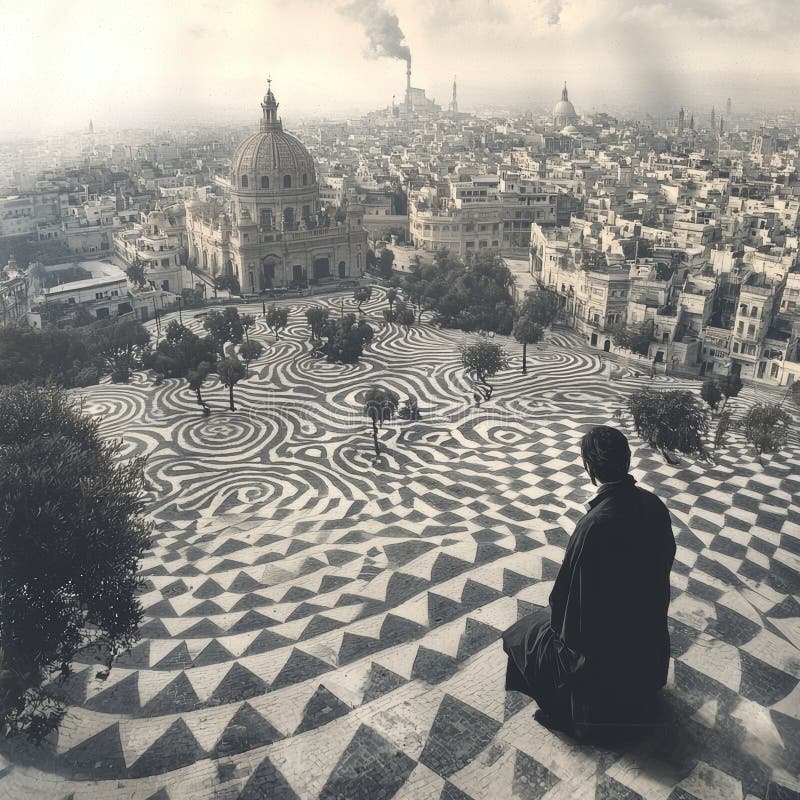 Man Observing Optical Illusion in a City with Architectural Landmarks ...