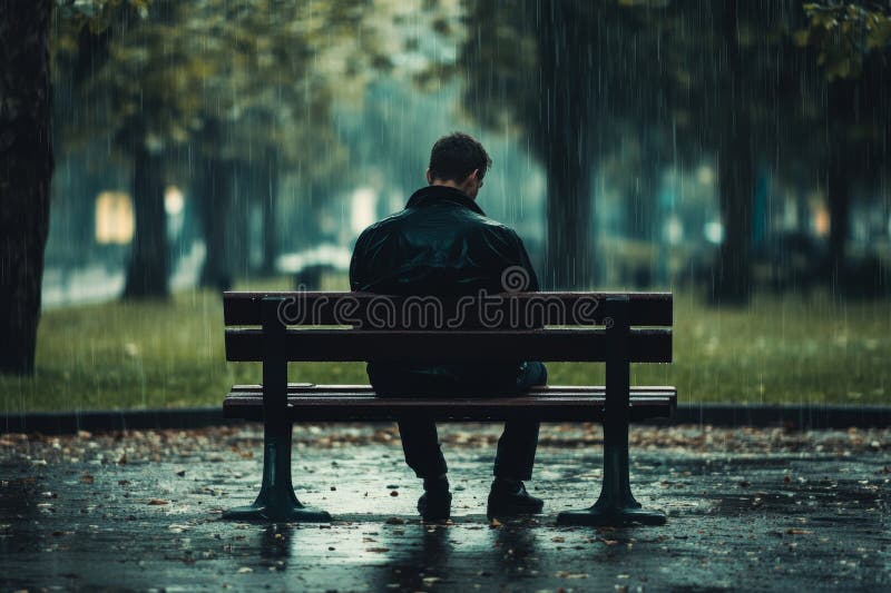 A Man Sits on a Park Bench, Enveloped in Rain, Showcasing a Profound ...