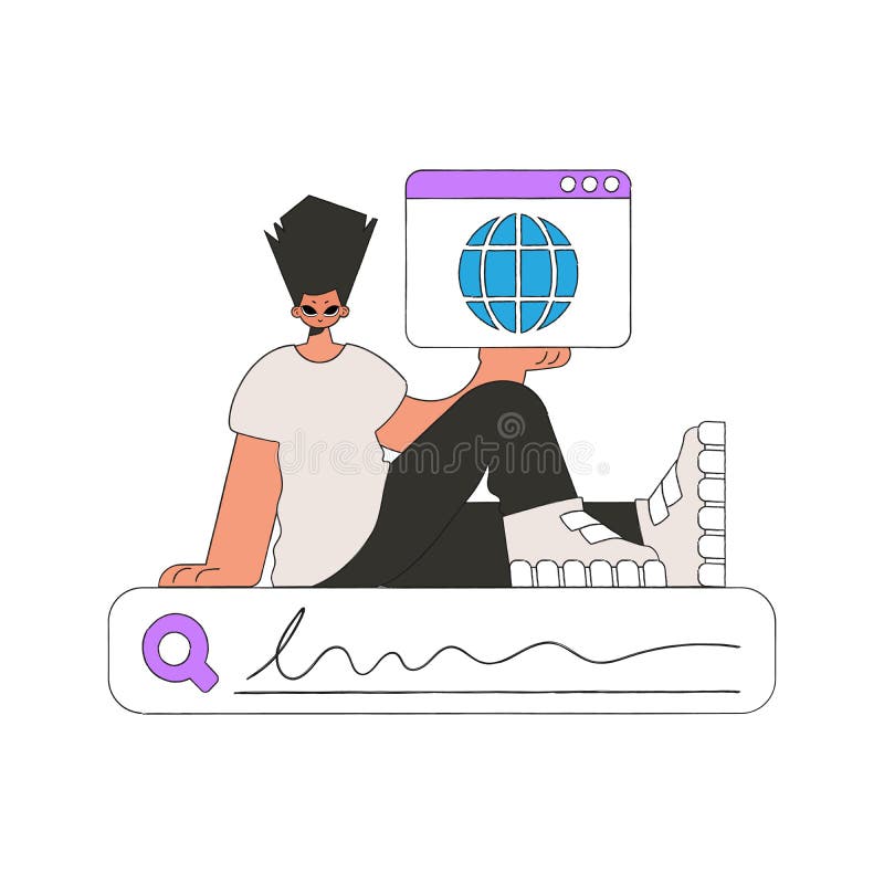 A Man Sits on a Search Bar and Holds a Web Browser in His Hands. Search ...