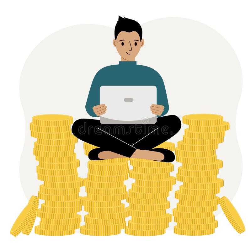 A Man Sits on a Stack of Gold Coins and Uses a Laptop. a Man Works in a ...