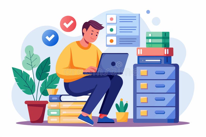 A Man Sits on Stacked Books, Using a Laptop To Back Up Data while ...