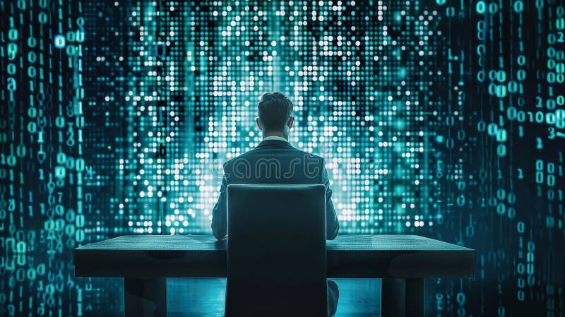 A Man Sits at a Table in Deep Concentration, Analyzing a Wall Covered ...