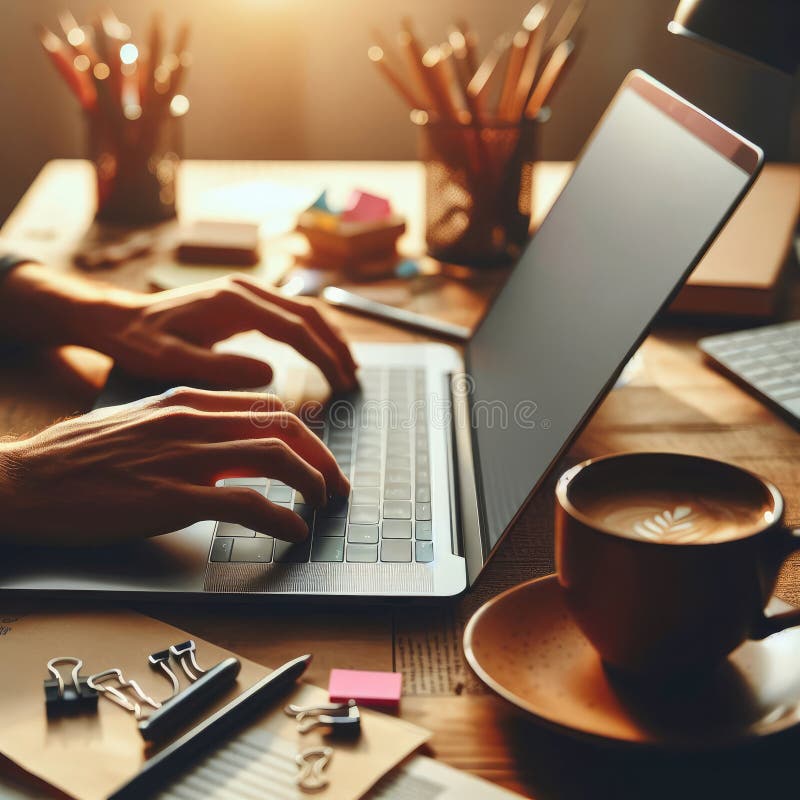 A Man Sits at a Table and Types on a Laptop Keyboard, Remote Work, Work ...