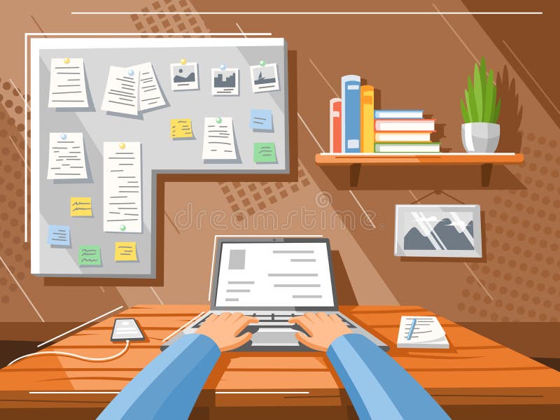 Man Sits at a Table and Works on a Computer at Home Stock Vector ...