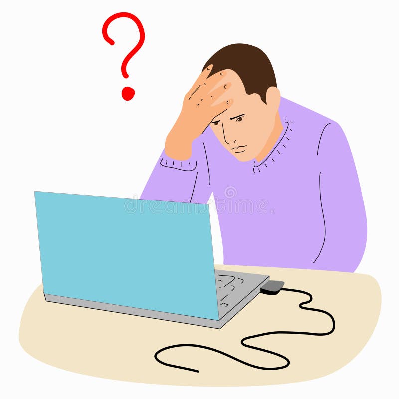 A Man Sits Thinking at a Laptop. Stock Vector - Illustration of ...
